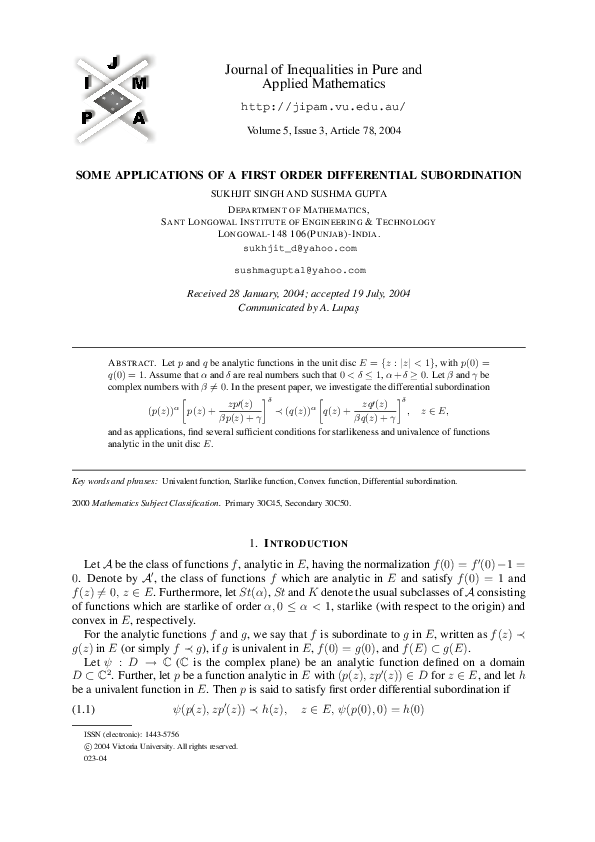 Pdf Some Applications Of A First Order Differential Subordination