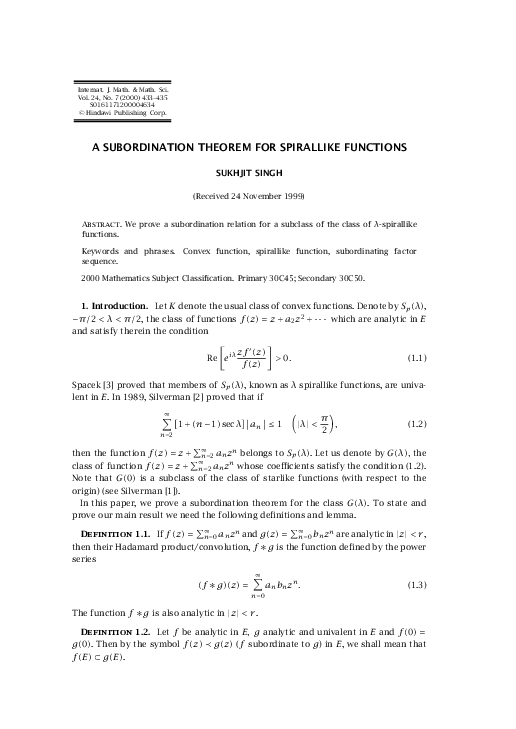 Pdf A Subordination Theorem For Spirallike Functions
