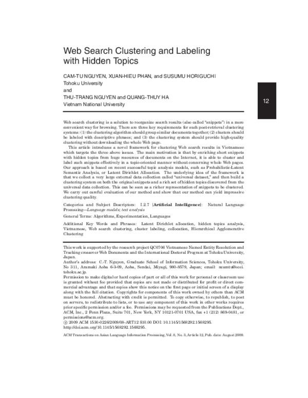 (PDF) Web Search Clustering and Labeling with Hidden Topics