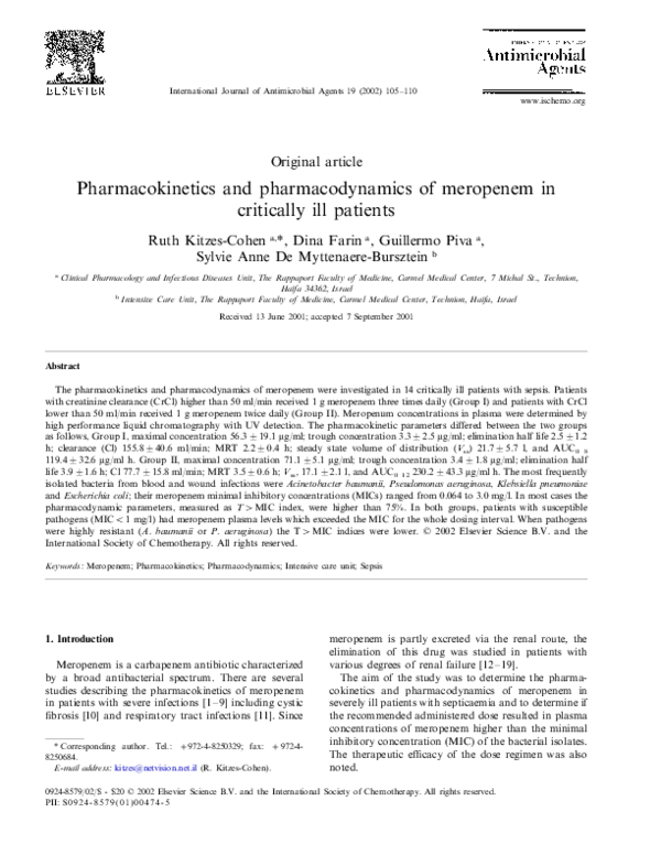 (PDF) Pharmacokinetics and pharmacodynamics of meropenem in critically ill patients