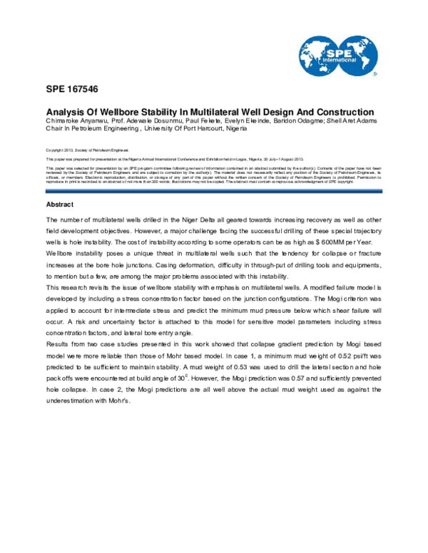 (PDF) SPE 167546 Analysis Of Wellbore Stability In Multilateral Well ...