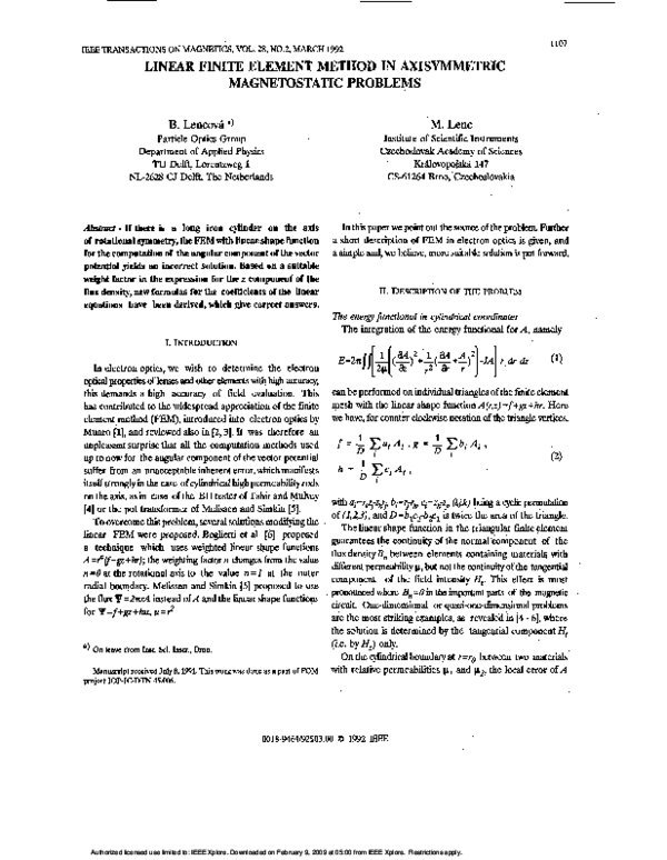 Pdf Linear Finite Element Method In Axisymmetric Magnetostatic Problems