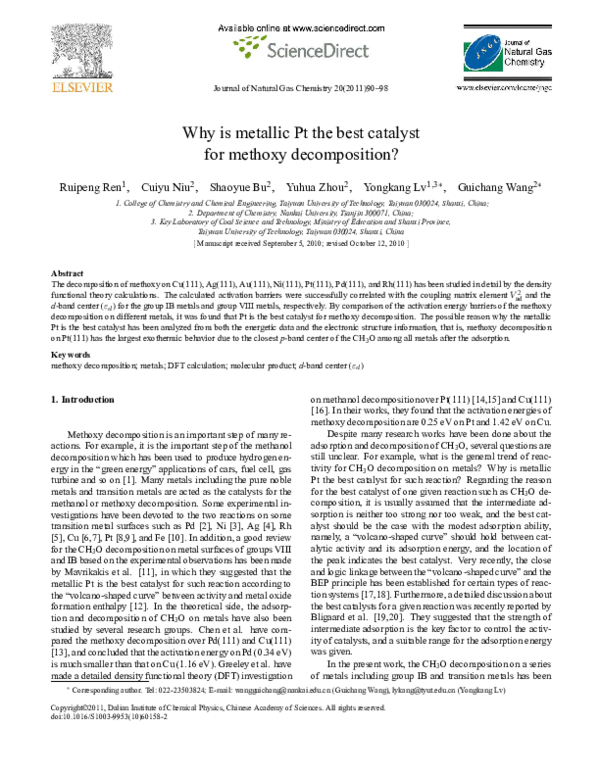 (PDF) Why is metallic Pt the best catalyst for methoxy decomposition