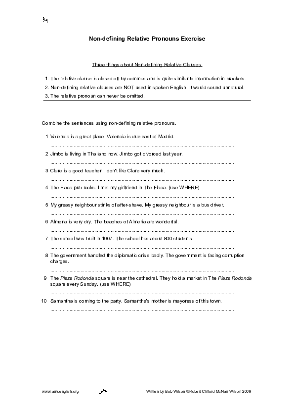 (PDF) Non-defining Relative Pronouns Exercise