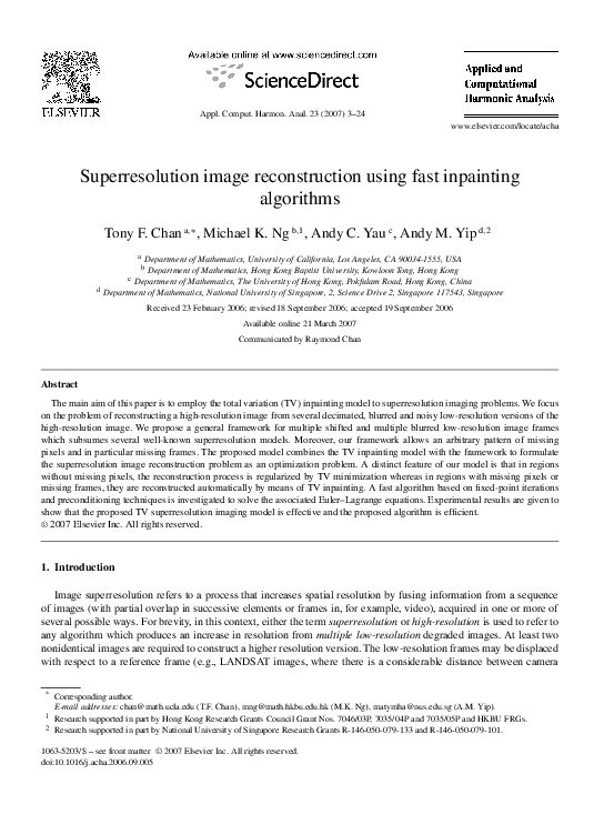 (PDF) Superresolution image reconstruction using fast inpainting algorithms