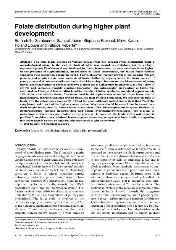 (PDF) Folate distribution during higher plant development