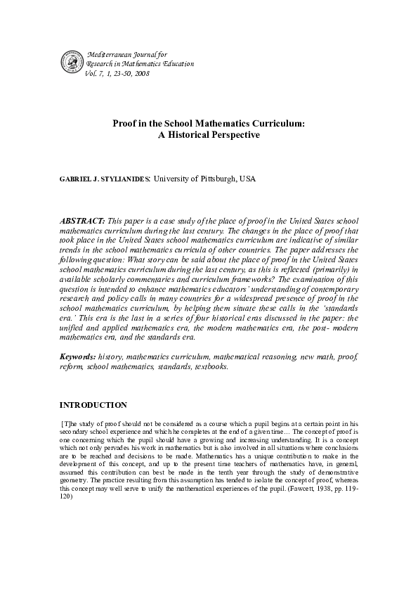 (PDF) Proof in school mathematics curriculum: A historical perspective