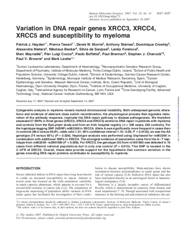 (PDF) Variation in DNA repair genes XRCC3, XRCC4, XRCC5 and ...