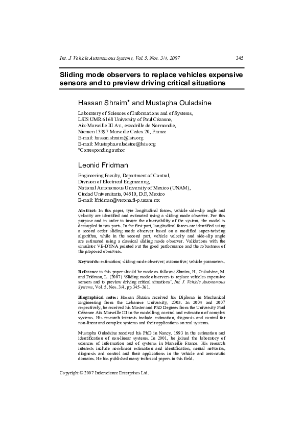 Pdf Sliding Mode Observers To Replace Vehicles Expensive Sensors And To Preview Driving