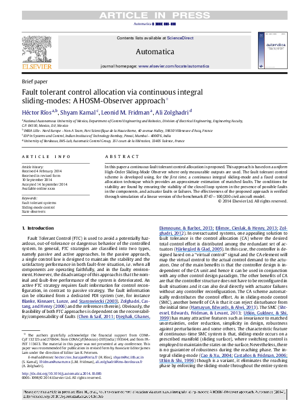 Pdf Fault Tolerant Control Allocation Via Continuous Integral Sliding Modes A Hosm Observer