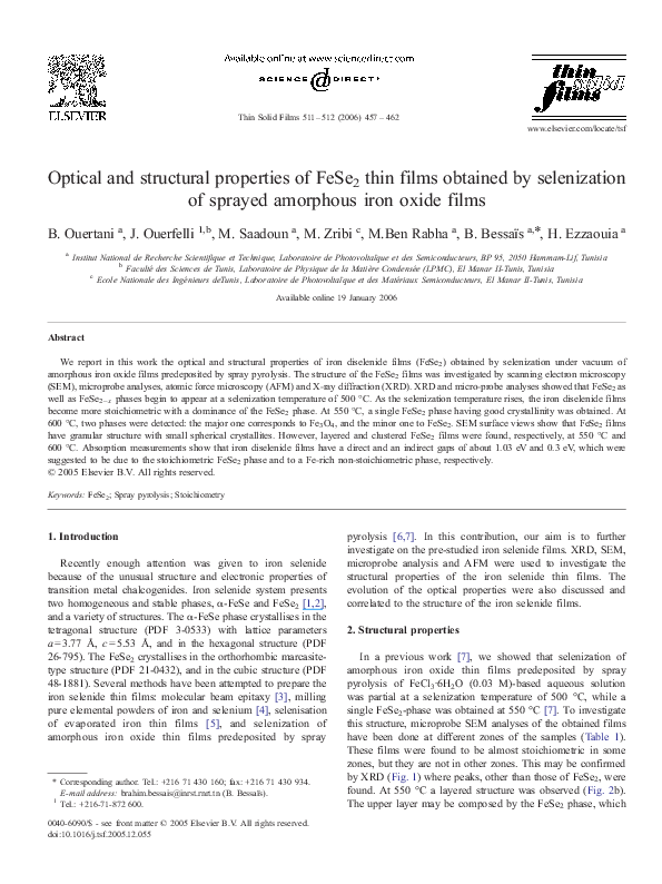 (PDF) Optical and structural properties of FeSe2 thin films obtained by ...