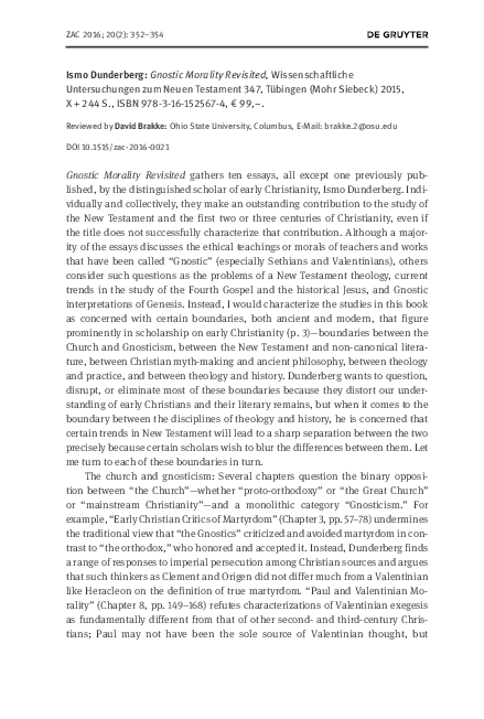 (PDF) Review of Ismo Dunderberg, Gnostic Morality Revisited