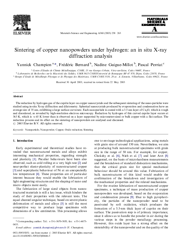 (PDF) Sintering of copper nanopowders under hydrogen: an in situ X-ray diffraction analysis