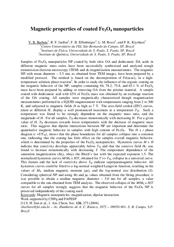 (PDF) Magnetic properties of coated Fe3O4 nanoparticles