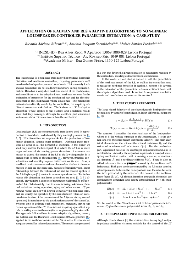 Pdf Application Of Kalman And Rls Adaptive Algorithms To Non Linear Loudspeaker Controller