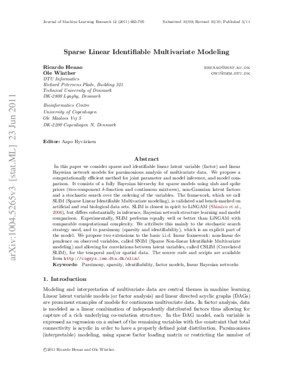 (PDF) Sparse linear identifiable multivariate modeling