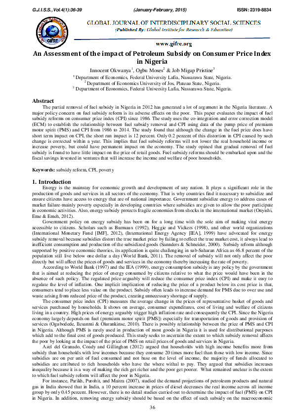 (PDF) An Assessment of the impact of Petroleum Subsidy on Consumer Price Index in Nigeria
