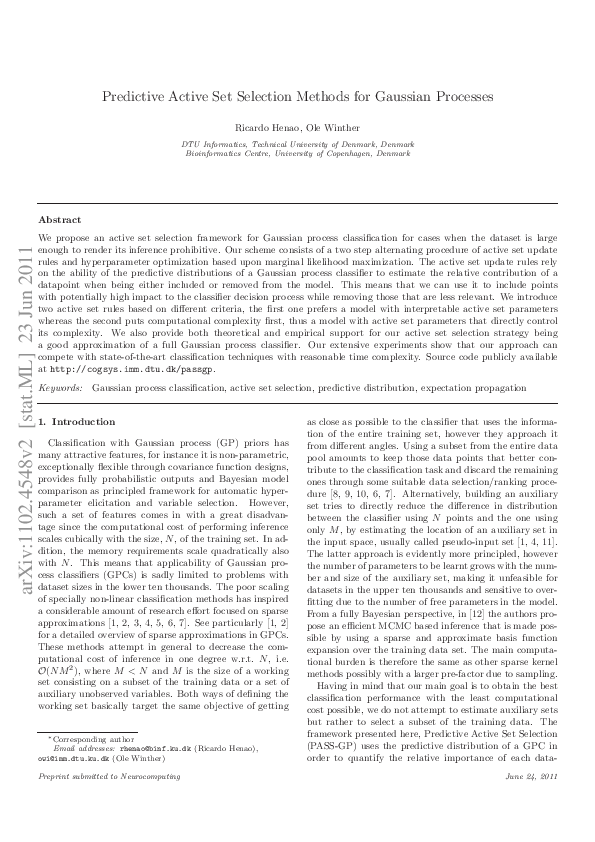 (PDF) Predictive active set selection methods for Gaussian processes | Ricardo Henao - Academia.edu