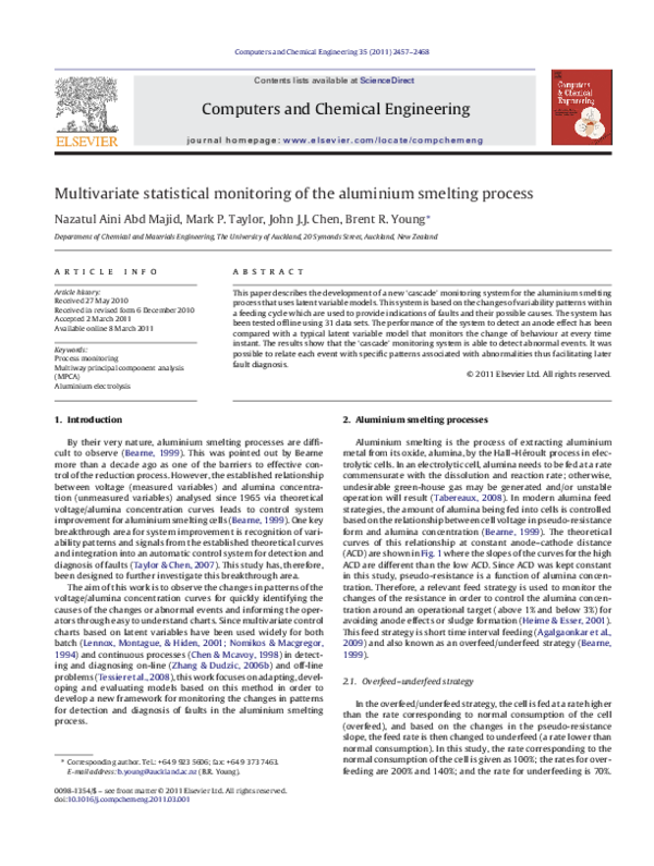 (PDF) Multivariate statistical monitoring of the aluminium smelting process (PDF) Multivariate statistical monitoring of the aluminium smelting process