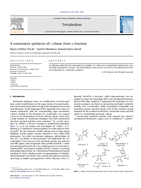 Pdf A Convenient Synthesis Of L Ribose From D Fructose