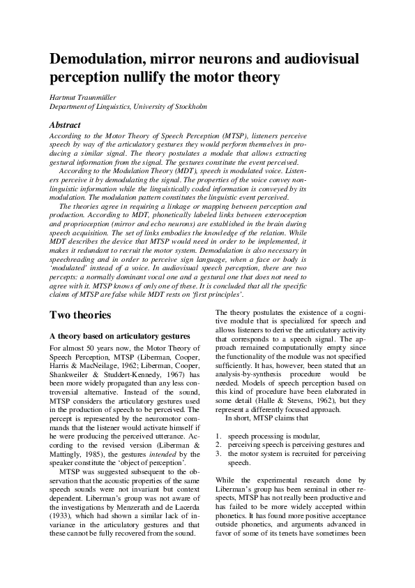 (PDF) Demodulation, mirror neurons and audiovisual perception nullify ...