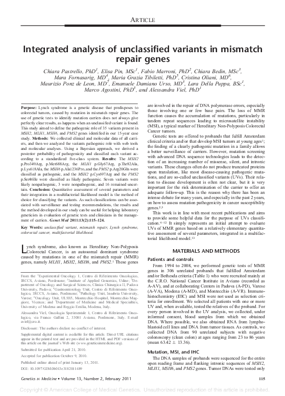 (PDF) Integrated analysis of unclassified variants in mismatch repair genes