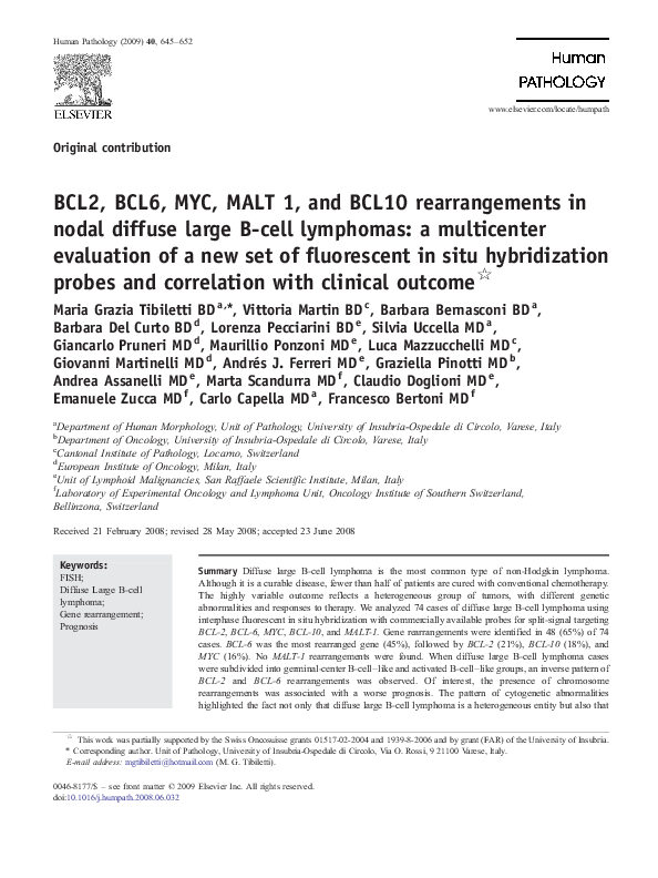 (PDF) BCL2, BCL6, MYC, MALT 1, and BCL10 rearrangements in nodal diffuse large B-cell lymphomas ...