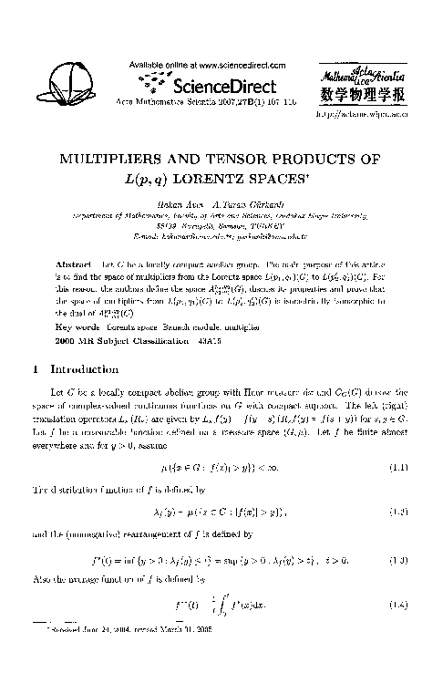 (PDF) Multipliers and tensor products of L( p, q) Lorentz spaces
