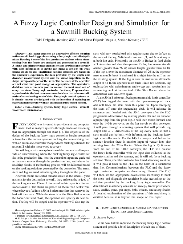 (PDF) A fuzzy logic controller design and simulation for a sawmill bucking system
