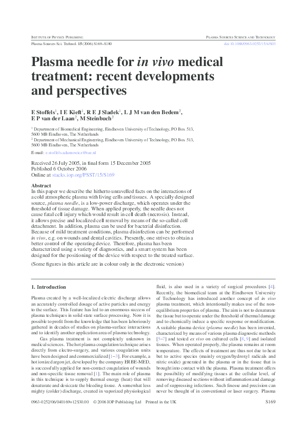 (PDF) Plasma needle for in vivo medical treatment: recent developments ...