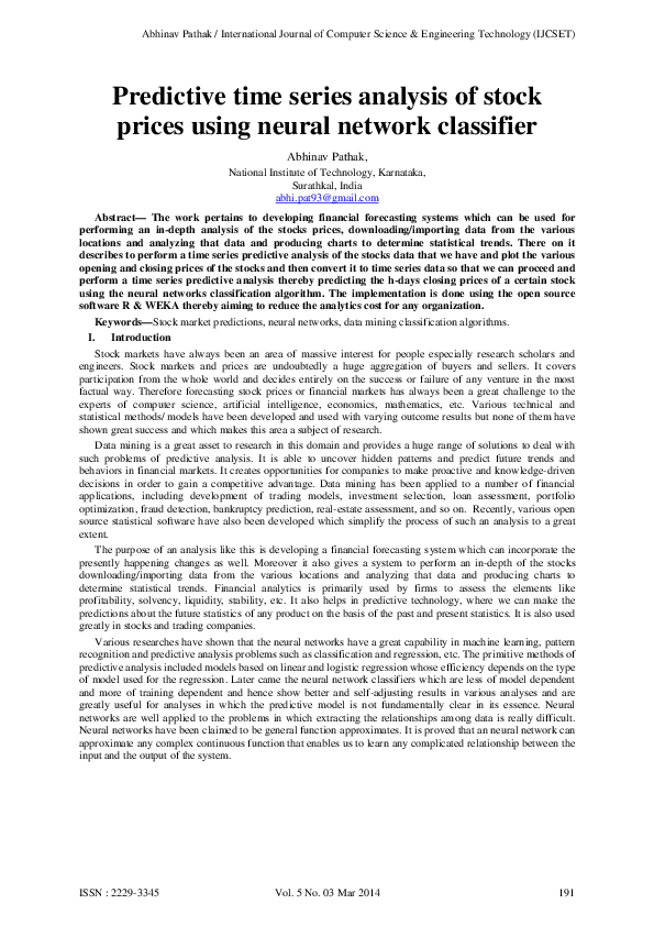 Pdf Predictive Time Series Analysis Of Stock Prices Using Neural Network Classifier