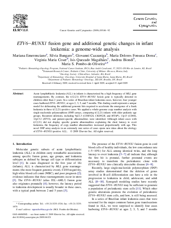 (PDF) ETV6–RUNX1 fusion gene and additional genetic changes in infant leukemia: a genome-wide ...
