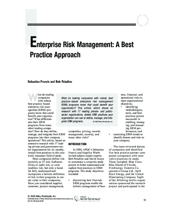 (PDF) Enterprise risk management: A best practice approach