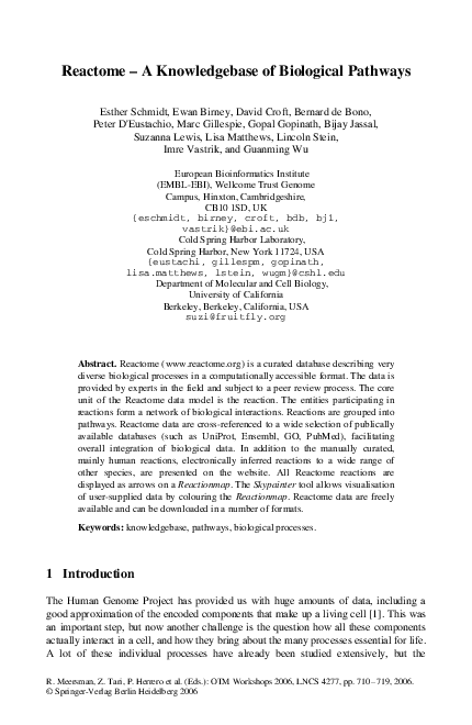 (PDF) Reactome - A Knowledgebase of Biological Pathways