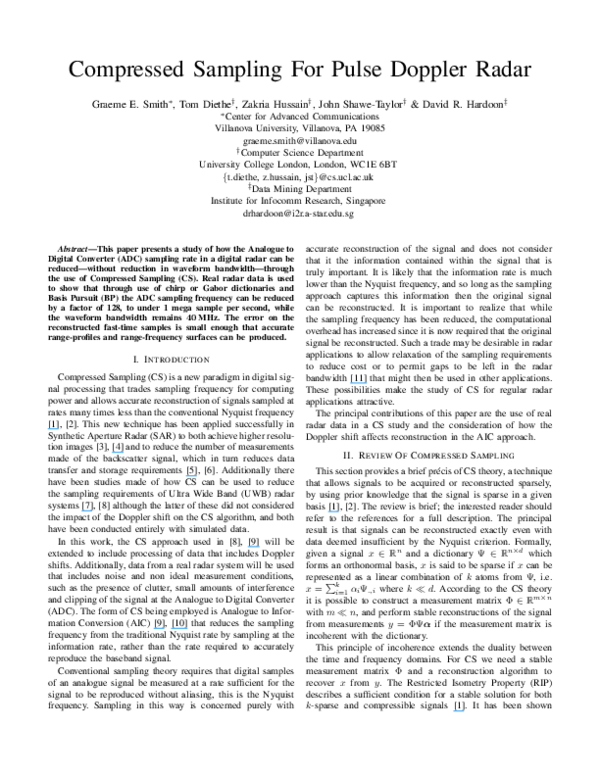 (PDF) Compressed Sampling for pulse Doppler radar