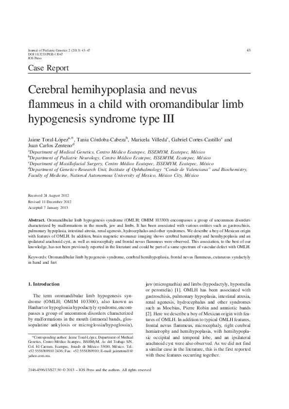 (PDF) Cerebral hemihypoplasia and nevus flammeus in a child with oromandibular limb hypogenesis ...