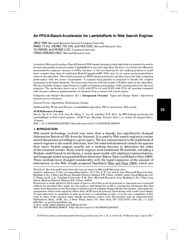 Pdf An Fpga Based Accelerator For Lambdarank In Web Search Engines