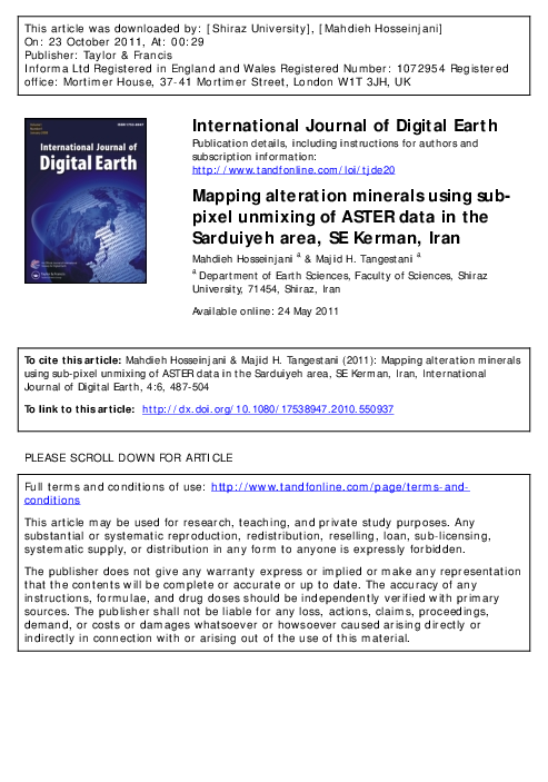 (PDF) Mapping alteration minerals using sub-pixel unmixing of ASTER data in the Sarduiyeh area ...