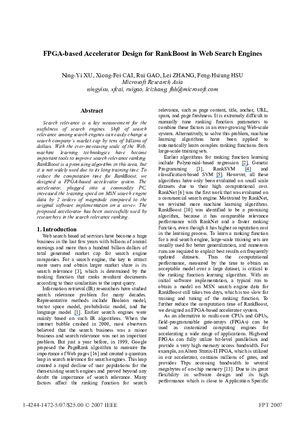 Pdf Fpga Based Accelerator Design For Rankboost In Web Search Engines