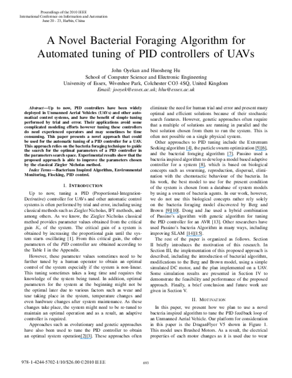 Pdf A Novel Bacterial Foraging Algorithm For Automated Tuning Of Pid Controllers Of Uavs