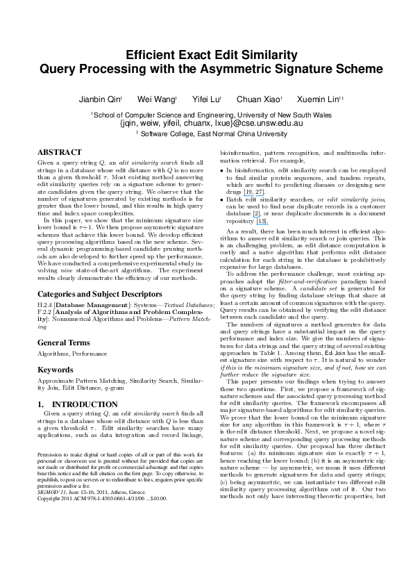 Pdf Efficient Exact Edit Similarity Query Processing With The Asymmetric Signature Scheme