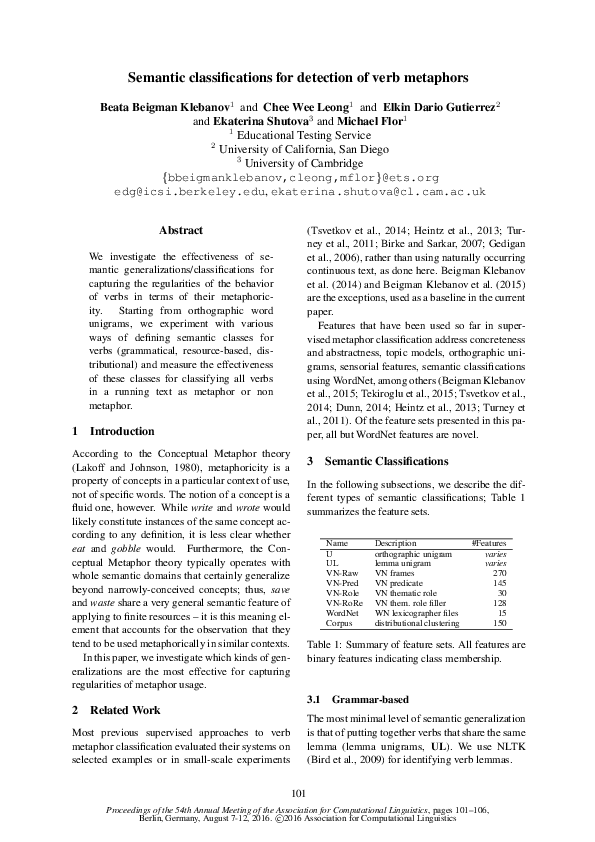 Pdf Semantic Classifications For Detection Of Verb Metaphors