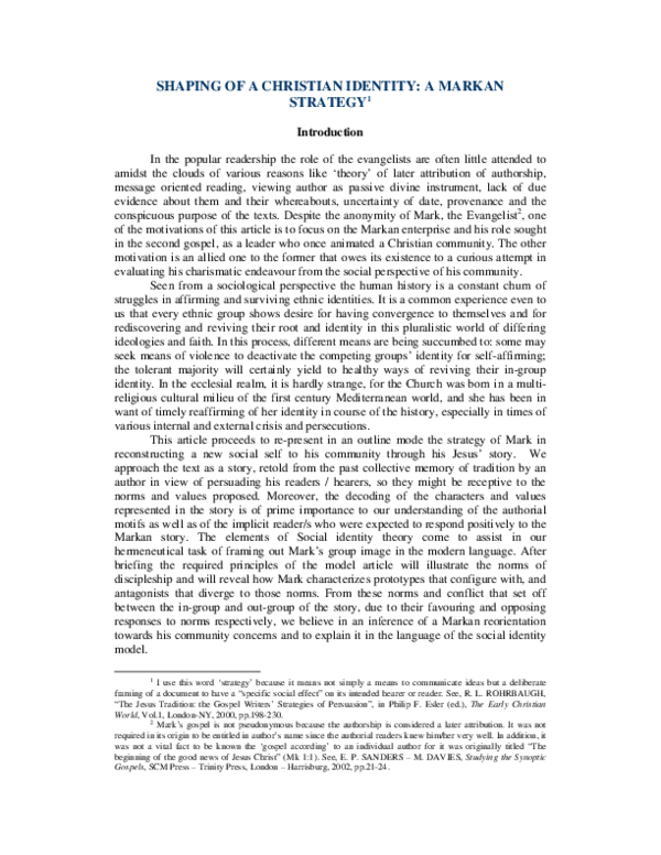 (PDF) SHAPING OF A CHRISTIAN IDENTITY: A MARKAN STRATEGY 1