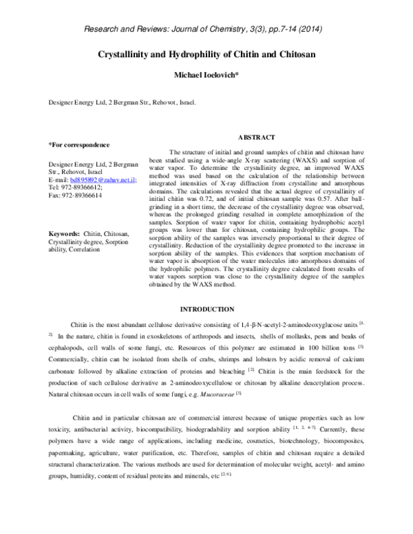 (PDF) Crystallinity and Hydrophility of Chitin and Chitosan