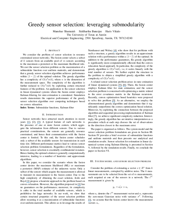 Pdf Greedy Sensor Selection Leveraging Submodularity