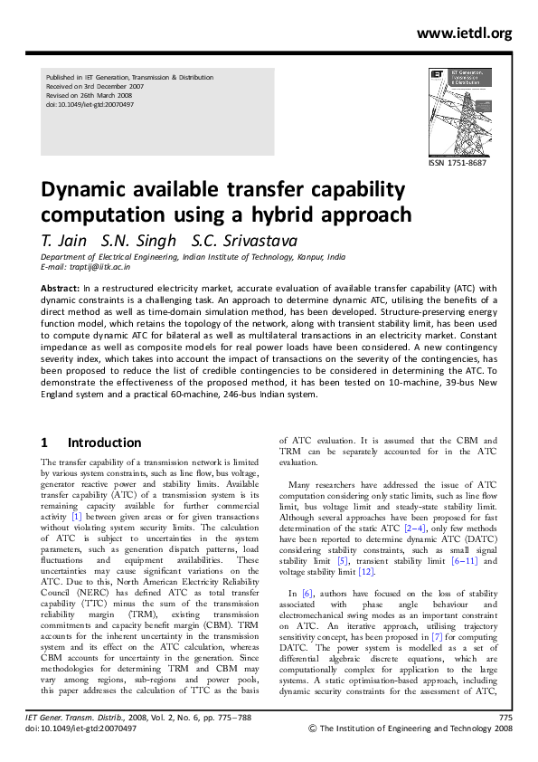 (PDF) Dynamic available transfer capability computation using a hybrid ...