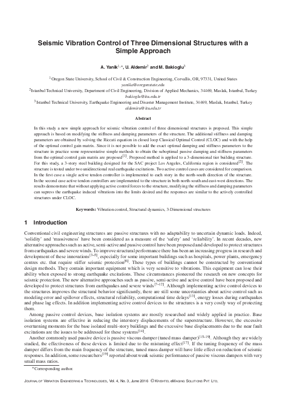 (PDF) Seismic Vibration Control of Three Dimensional Structures with a ...