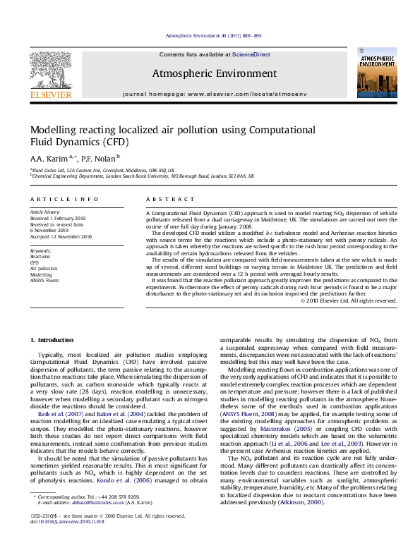 Pdf Modelling Reacting Localized Air Pollution Using Computational Fluid Dynamics Cfd