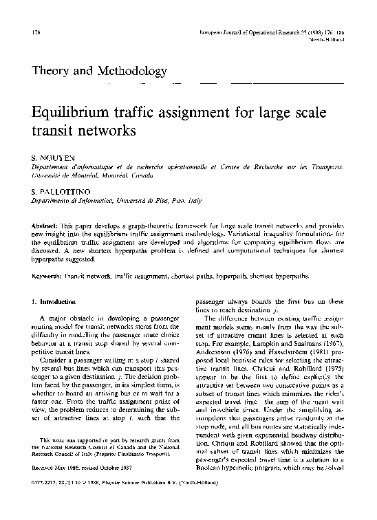 (PDF) Equilibrium traffic assignment for large scale transit networks
