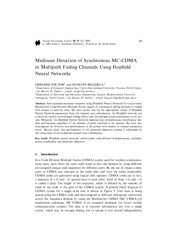Pdf Multiuser Detection Of Synchronous Mc Cdma In Multipath Fading